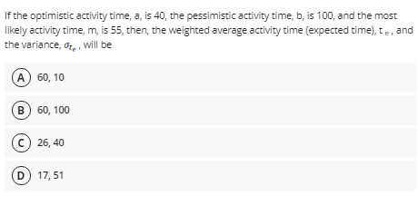 Solved If the optimistic activity time, a, is 40, the | Chegg.com