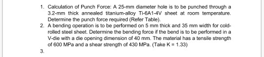 Solved 1. Calculation of Punch Force: A 25-mm diameter hole | Chegg.com
