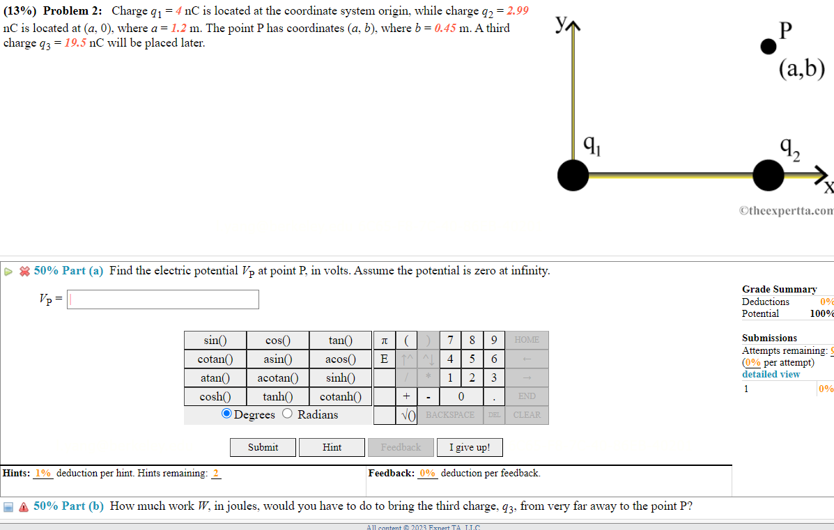 Solved (13\%) Problem 2: Charge q1=4nC is located at the | Chegg.com