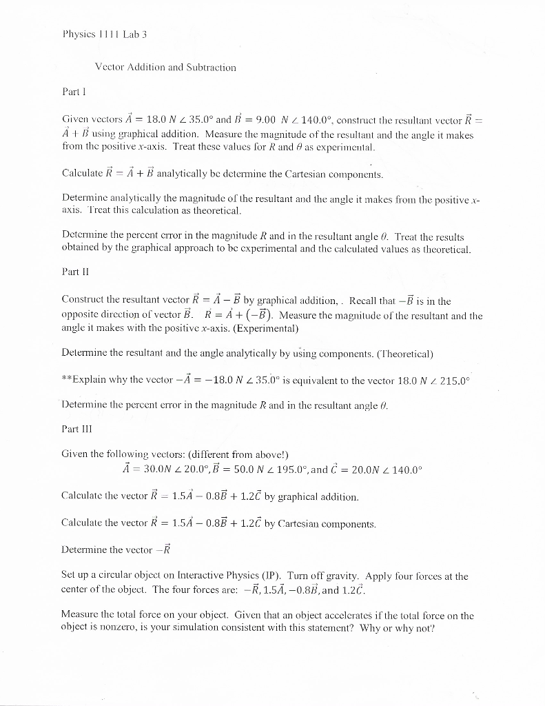 Solved Physics 1111 Lab 3 Vector Addition and Subtraction | Chegg.com
