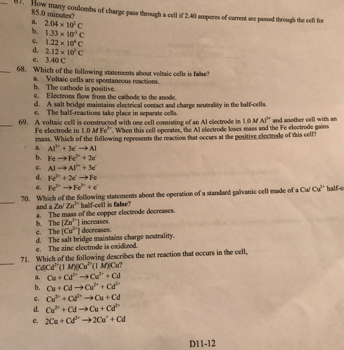 Solved -67. many coulombs of charge pass through a cell f | Chegg.com