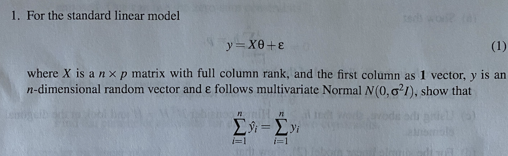 Solved 1. For the standard linear model y=x0+ € (1) where X | Chegg.com