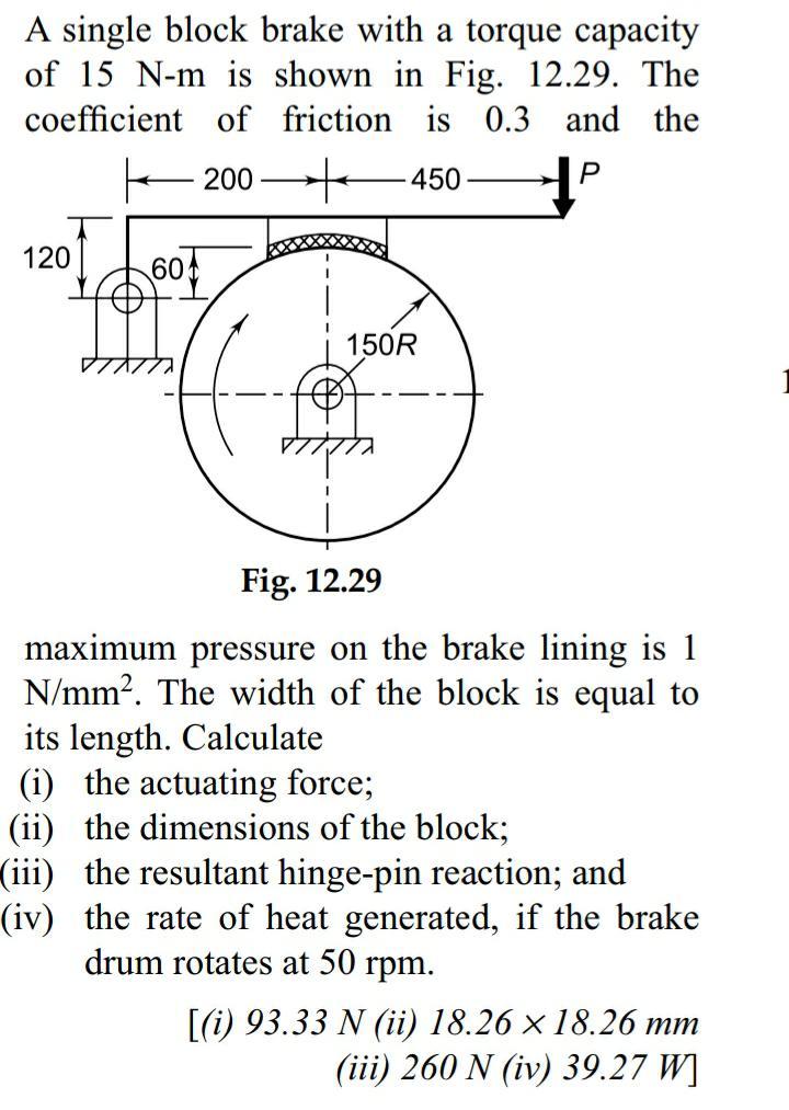 Solved A single block brake with a torque capacity of 15 N-m | Chegg.com