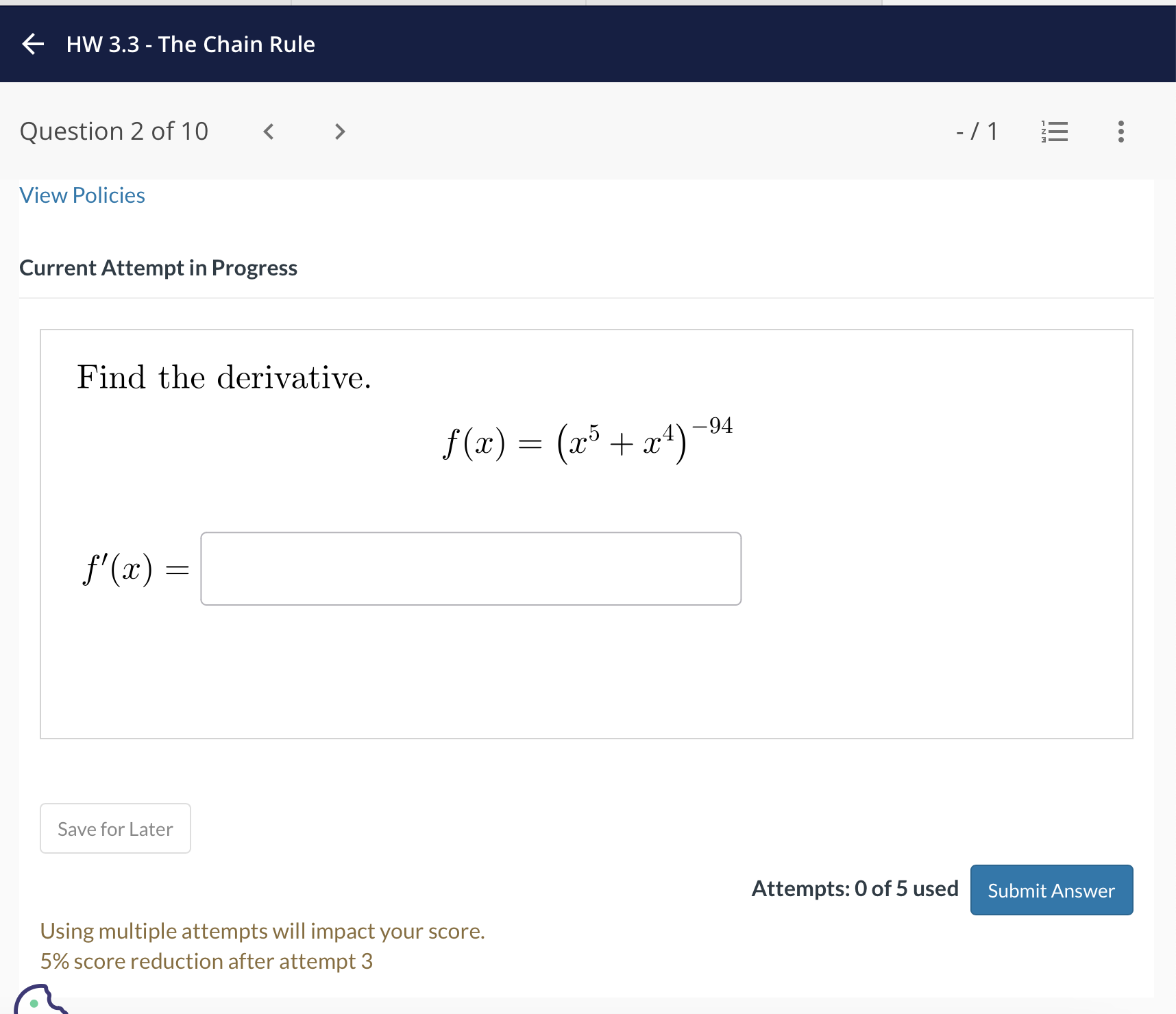 Solved Find the derivative.f(x)={x5+x4)-94f'(x)=Using | Chegg.com