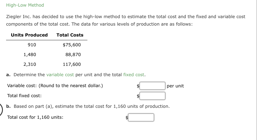 Solved Ziegler Inc. has decided to use the high-low method | Chegg.com