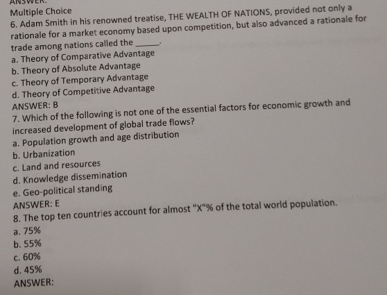Solved ANSVER. Multiple Choice 6. Adam Smith in his renowned | Chegg.com