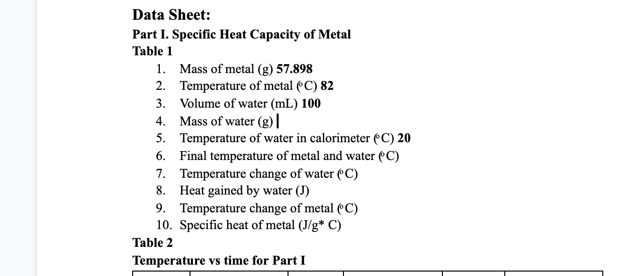 Solved Data Sheet: Part I. Specific Heat Capacity of Metal | Chegg.com