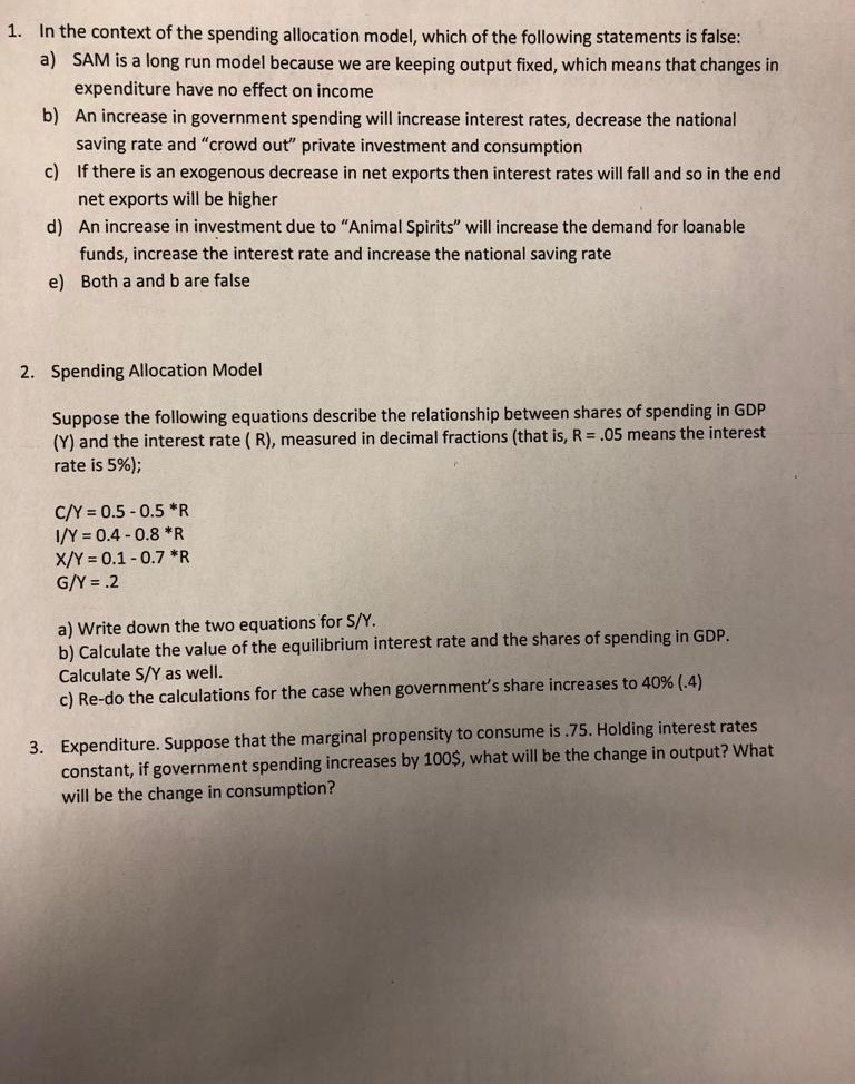 1. In the context of the spending allocation model, | Chegg.com