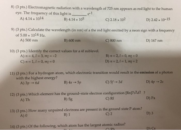Solved Electromagnetic radiation with a wavelength of 725 nm | Chegg.com