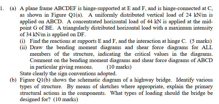 Solved 1. (a) A plane frame ABCDEF is hinge-supported at E | Chegg.com