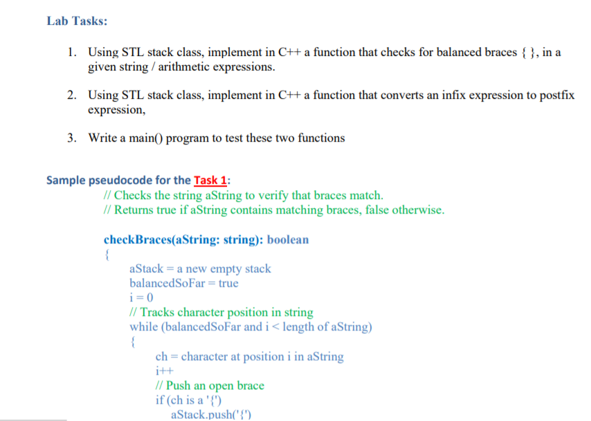 Lab Tasks: 1. Using STL stack class, implement in C++ | Chegg.com