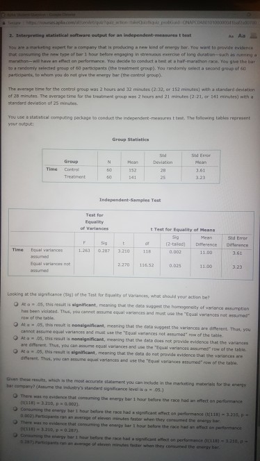 Solved 2. Interpreting statistical software output for an | Chegg.com