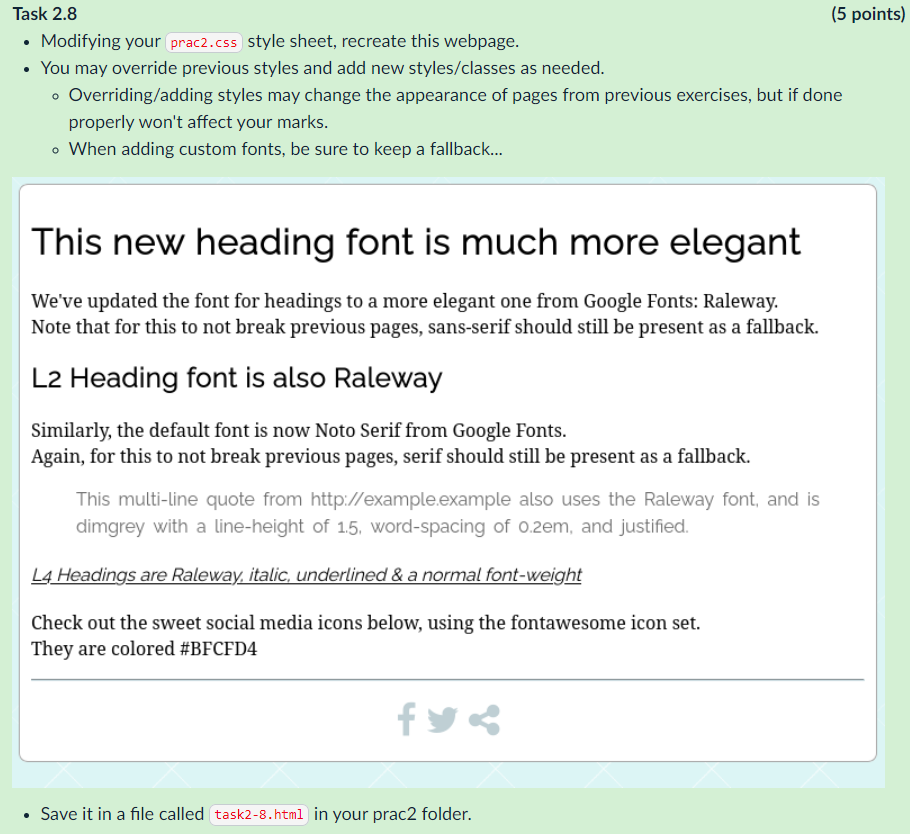 Solved Task 2.8 (5 points) • Modifying your prac2.css style | Chegg.com