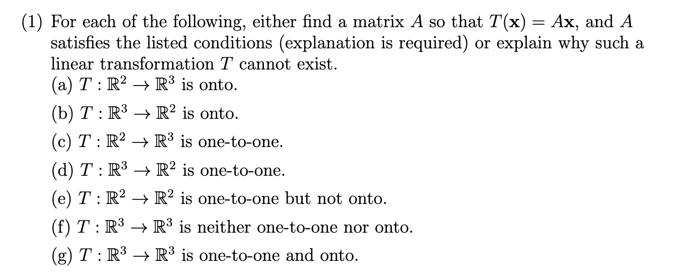 Solved (1) For each of the following, either find a matrix A | Chegg.com