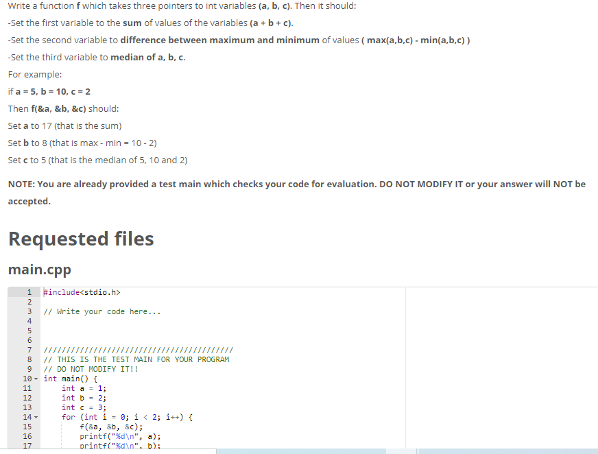 Solved Write a function f which takes three pointers to int | Chegg.com