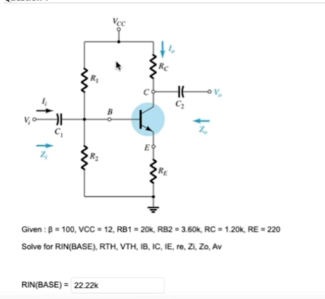 Solved Vcc HE B Z Given : B = 100, VCC - 12, RB1 = 206, RB2 | Chegg.com