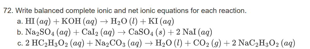 Solved 72. Write balanced complete ionic and net ionic | Chegg.com