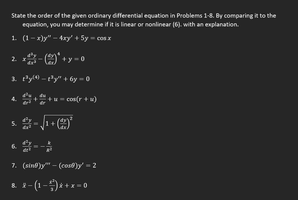 Solved State The Order Of The Given Ordinary Differential