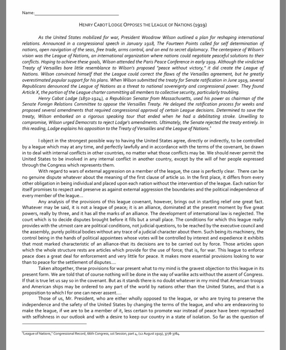 Solved Name: HENRY CABOT LoDGE OPPOSESTHELEAGUE OR NATIONS | Chegg.com