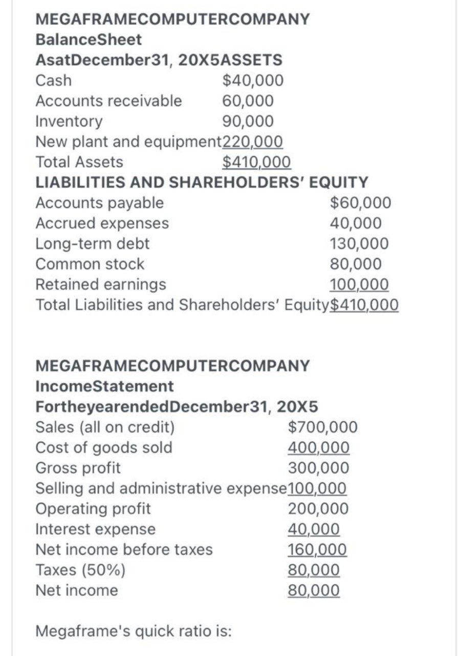 Solved Megaframe's quick ratio is: | Chegg.com