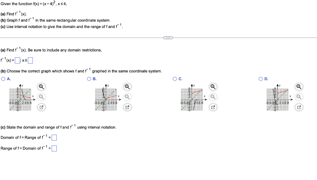 Solved Given the function f(x)=(x−4)2,x≤4, (a) Find f−1(x) | Chegg.com