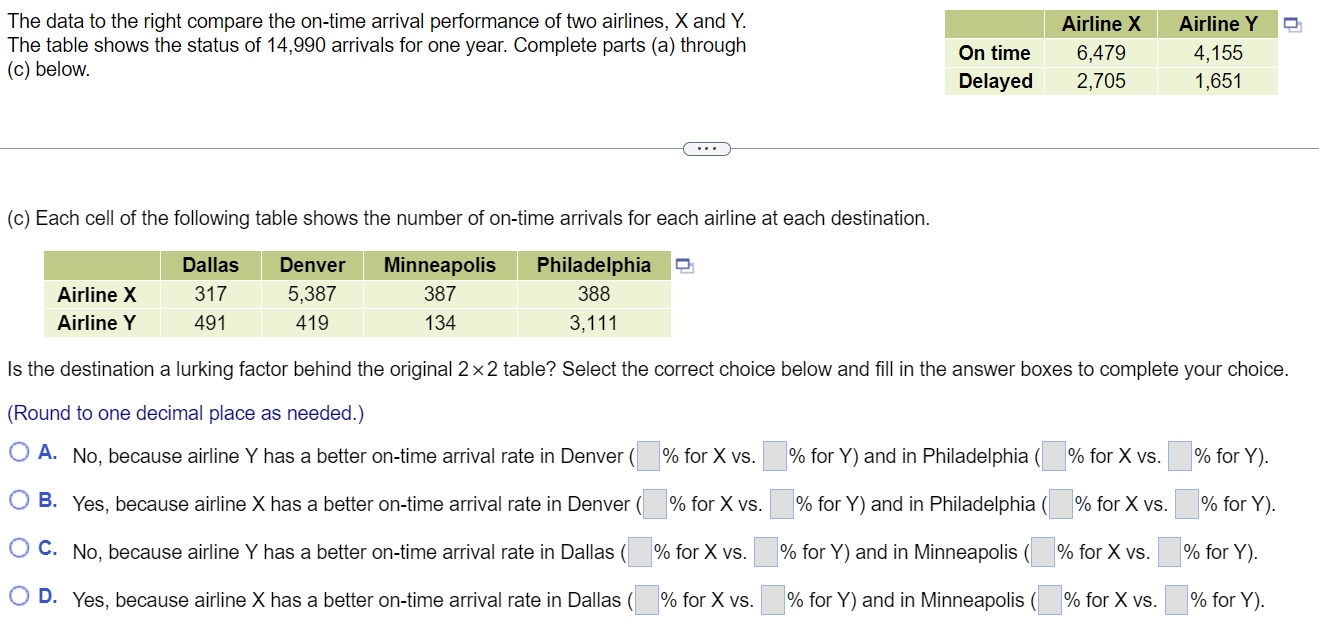 Solved The data to the right compare the on-time arrival | Chegg.com