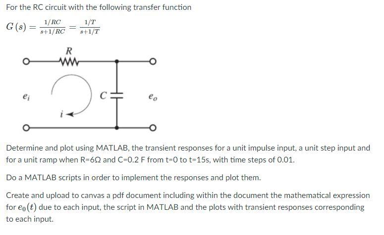 Solved For the RC circuit with the following transfer | Chegg.com