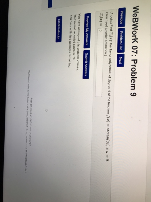 Solved WeBWorK 07: Problem 9 Previous Problem List Next 1 | Chegg.com