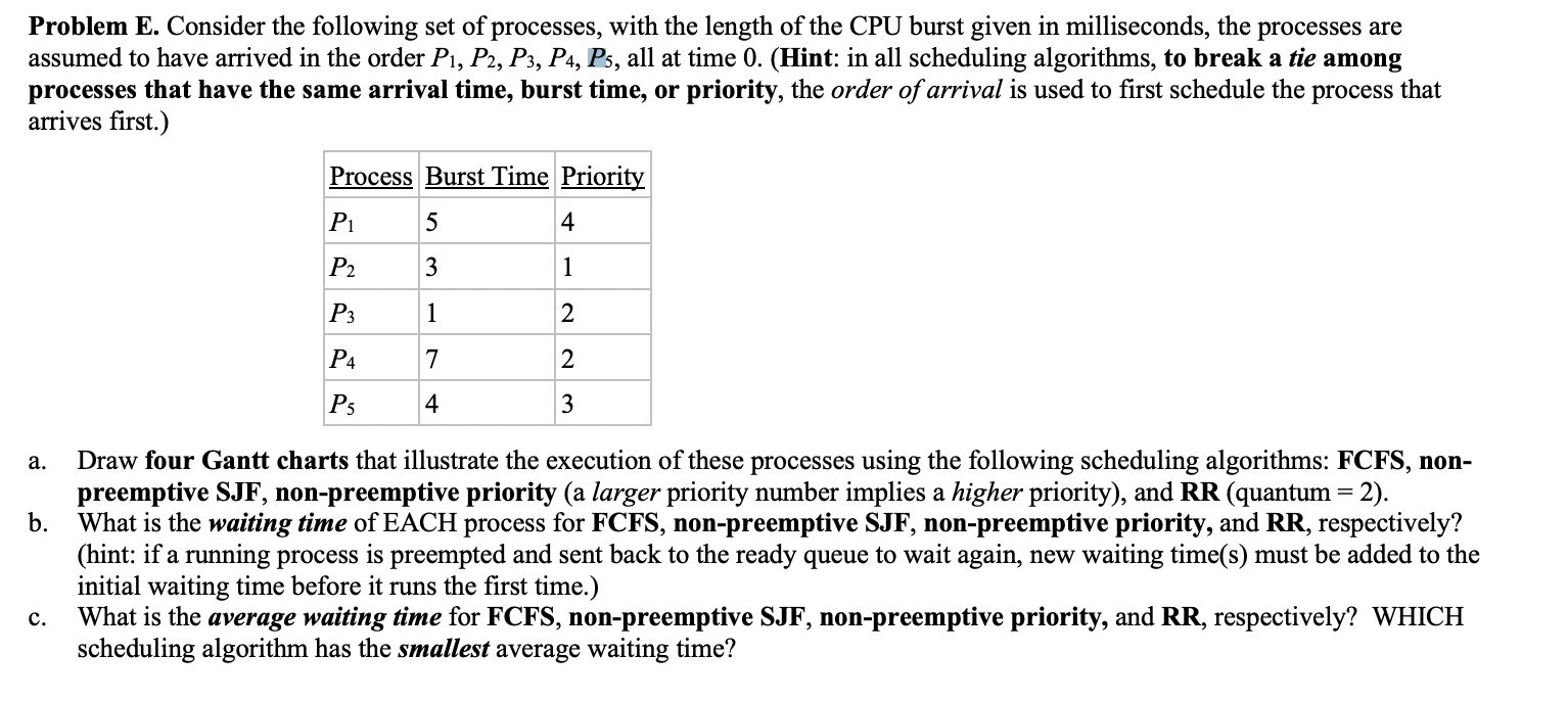 Solved Problem E. Consider the following set of processes, | Chegg.com