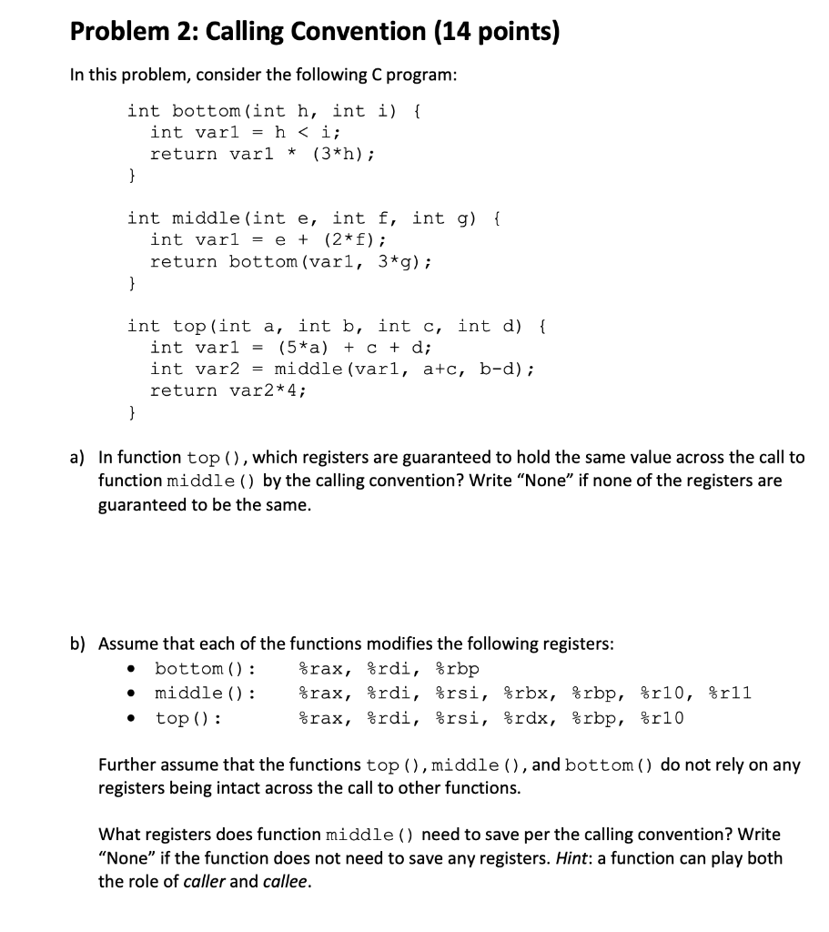 Problem 2: Calling Convention (14 points) In this | Chegg.com