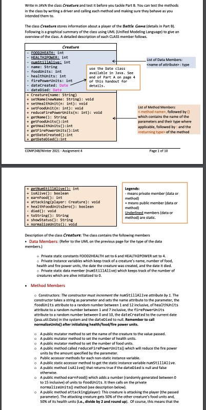 Solved Write in JAVA the dass Creature and test it before | Chegg.com
