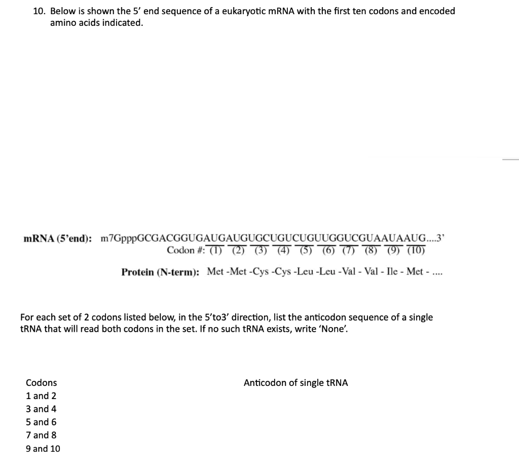Solved 10. Below is shown the 5′ end sequence of a | Chegg.com