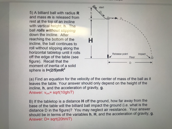 Solved start 5) A billiard ball with radius R h and mass m | Chegg.com