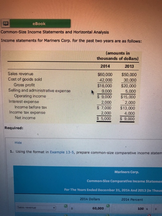 Solved eBook Common-Size Income Statements and Horizontal | Chegg.com