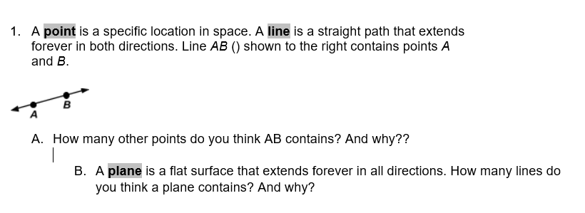 Solved 1. A point is a specific location in space. A line is | Chegg.com