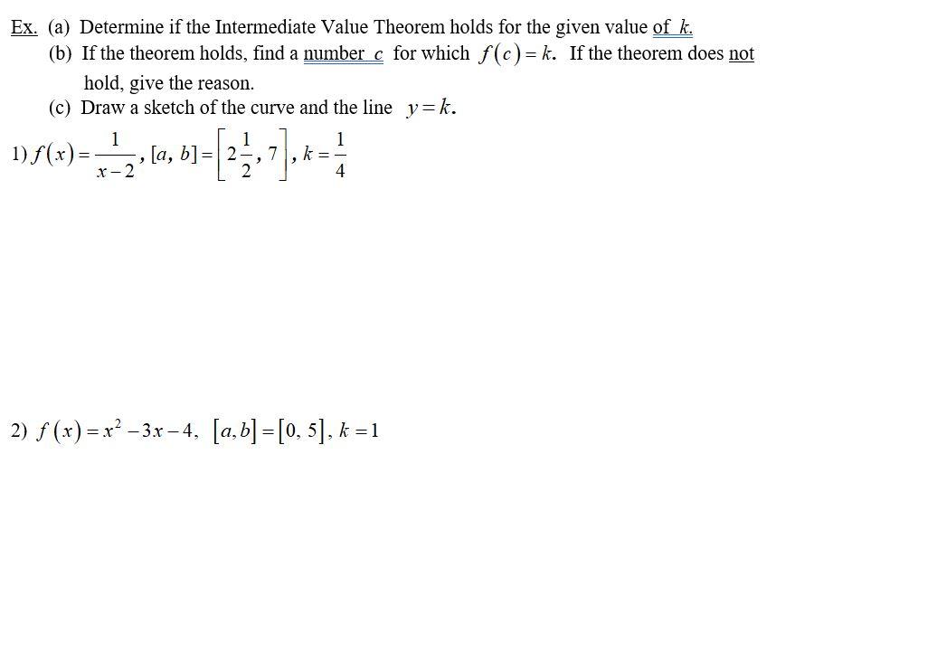 Solved Ex. (a) Determine if the Intermediate Value Theorem | Chegg.com