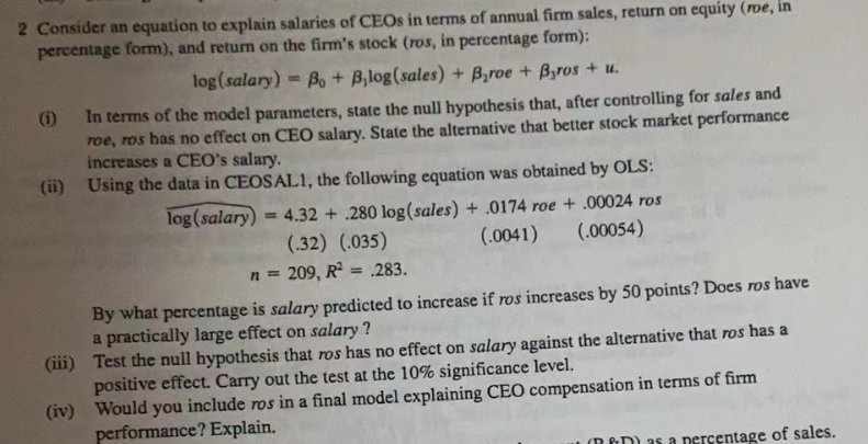 Solved Consider an equation to explain salaries of CEOs in | Chegg.com