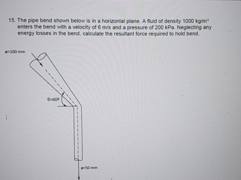 Solved 15. The pipe bend shown below is in a horizontal | Chegg.com