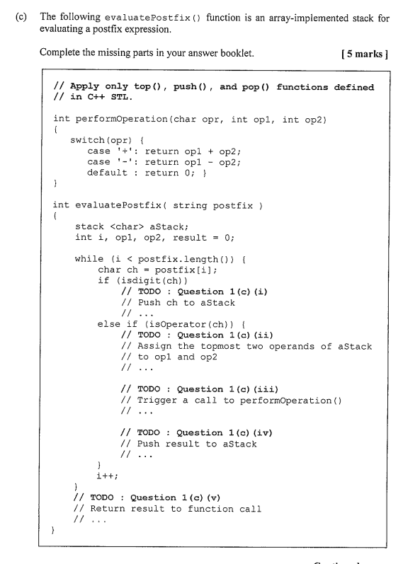 Solved ) The following evaluatePostfix() function is an | Chegg.com