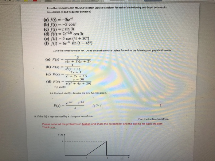 Solved .Use the symbolic tool in MATLAB to obtain Laplace | Chegg.com