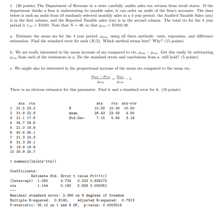Solved 1. (30 points) The Department of Revenue in a state | Chegg.com