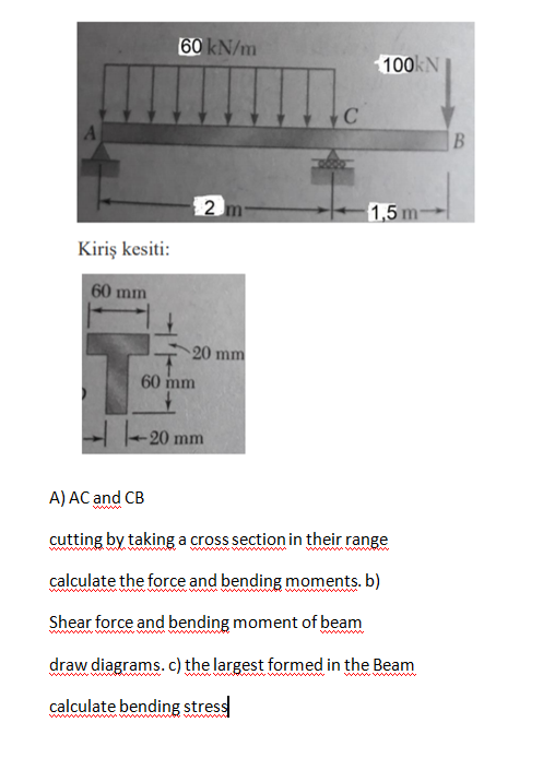 Solved 60 kN/m 100KN С А B 2 m 1,5 m Kiriş kesiti: 60 mm 20 | Chegg.com