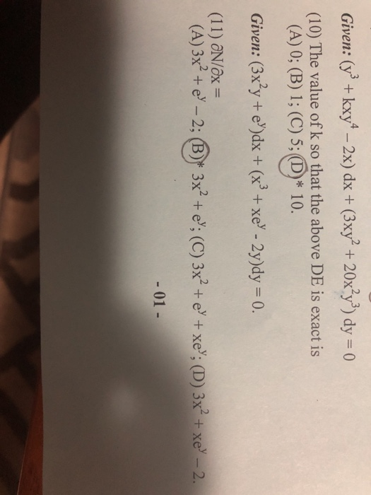 Solved Given: (y3 + kxys_ 2x) dx + (3xy2 + 20xy) dy-0 (10) | Chegg.com