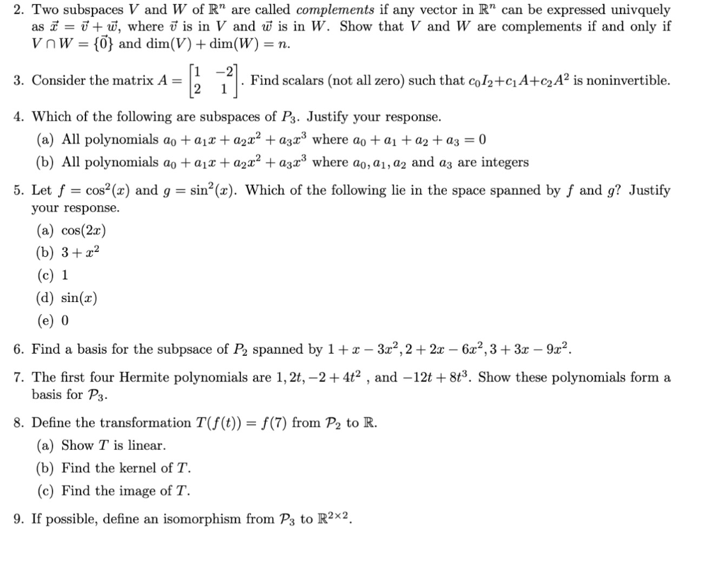 Solved 2. Two subspaces V and W of R” are called complements | Chegg.com