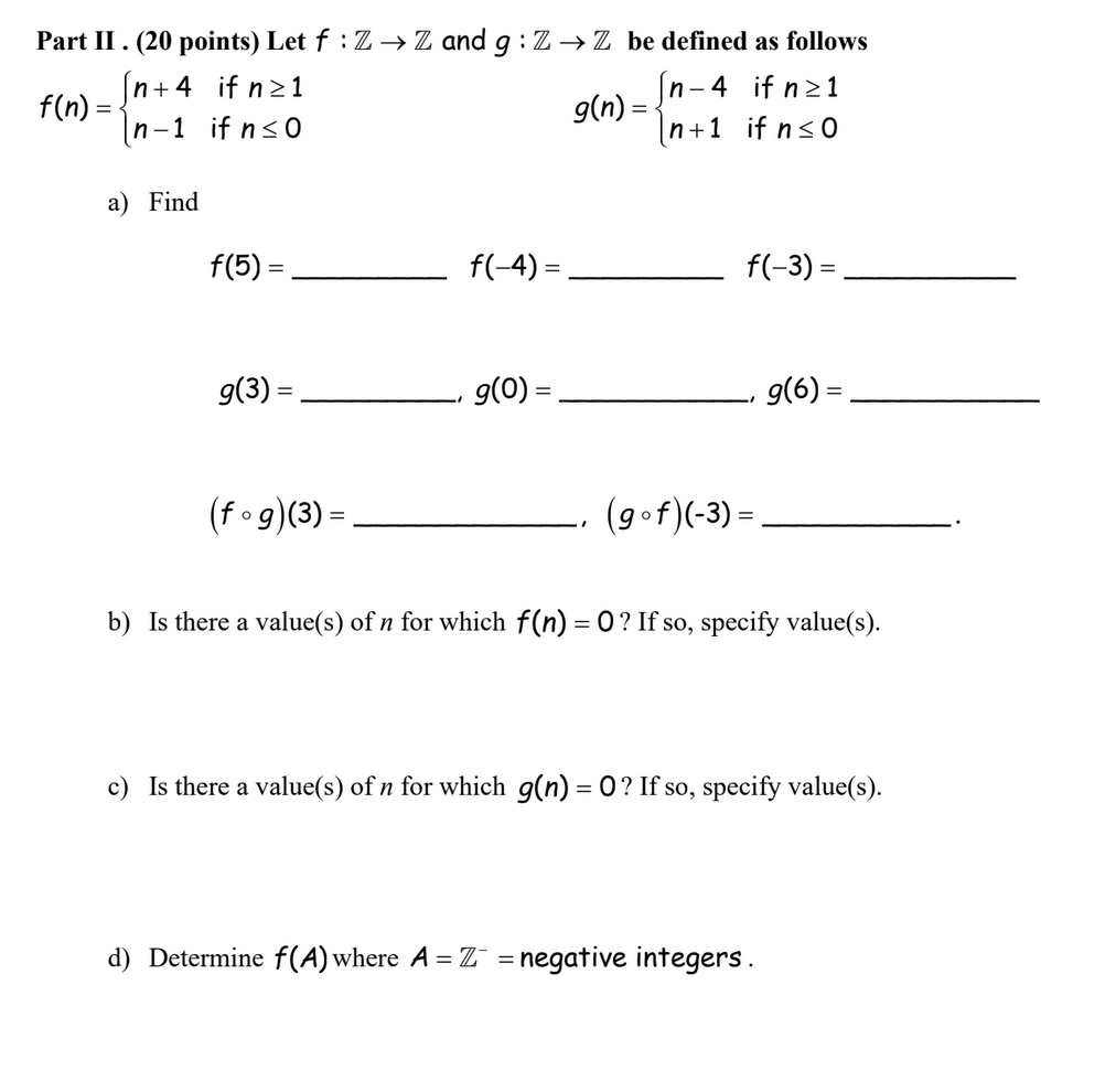 Solved Part II . (20 ﻿points) ﻿Let f:Z→Z ﻿and g:Z→Z ﻿be | Chegg.com