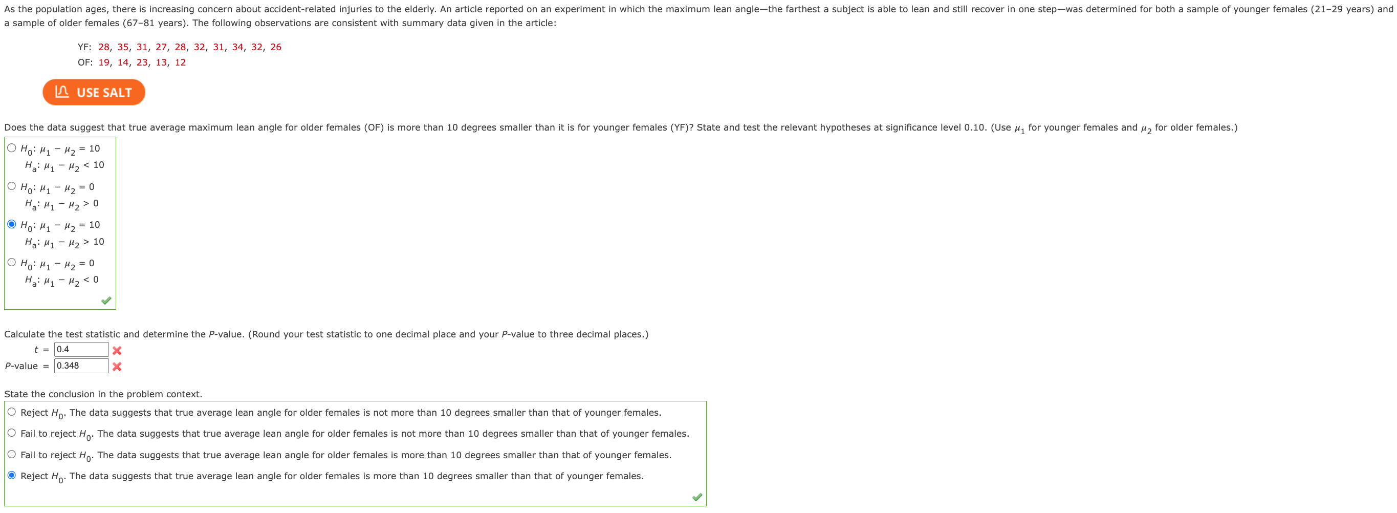 Solved a sample of older females (67-81 years). The | Chegg.com