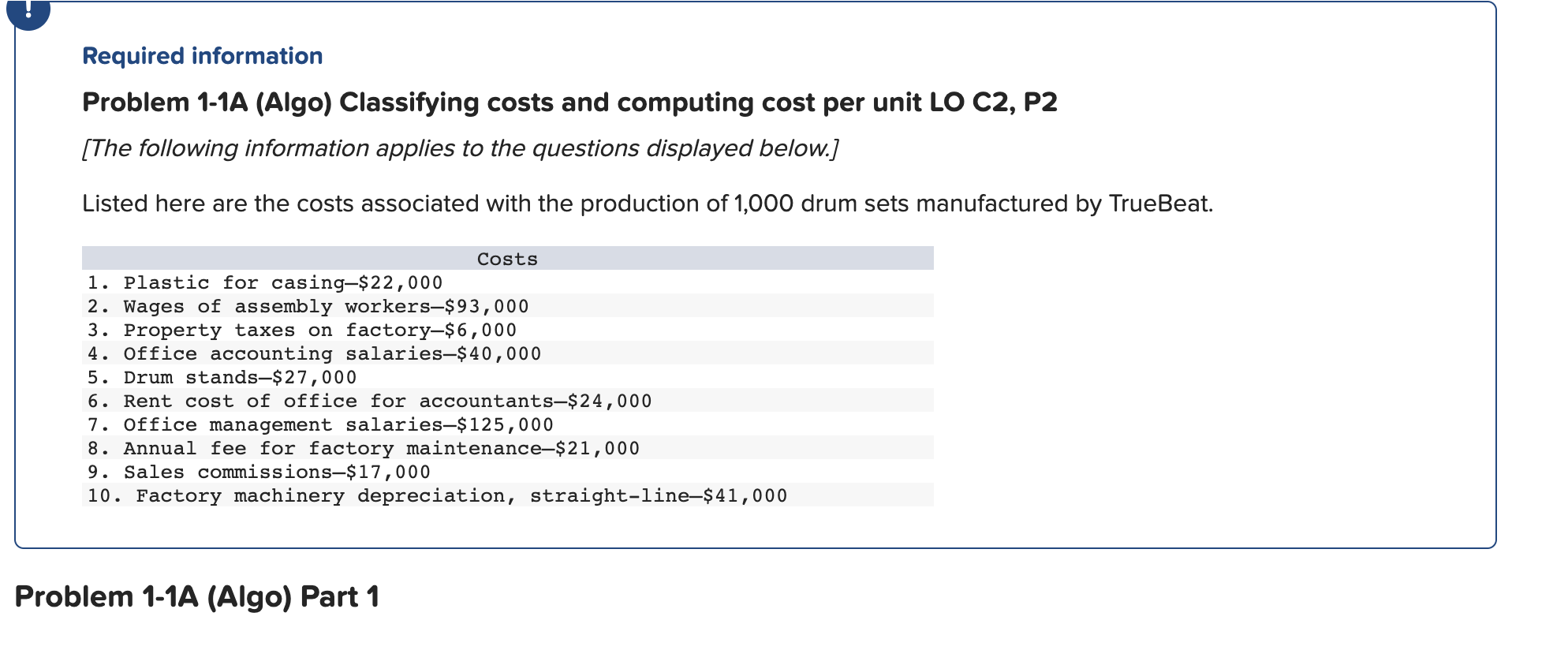Solved Required information Problem 1-1A (Algo) Classifying | Chegg.com