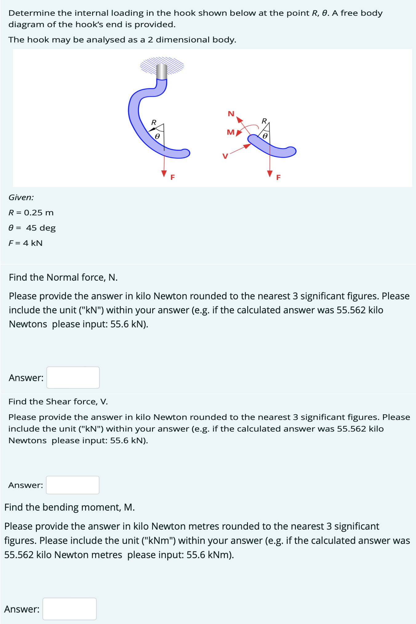 Solved Determine the internal loading in the hook shown | Chegg.com