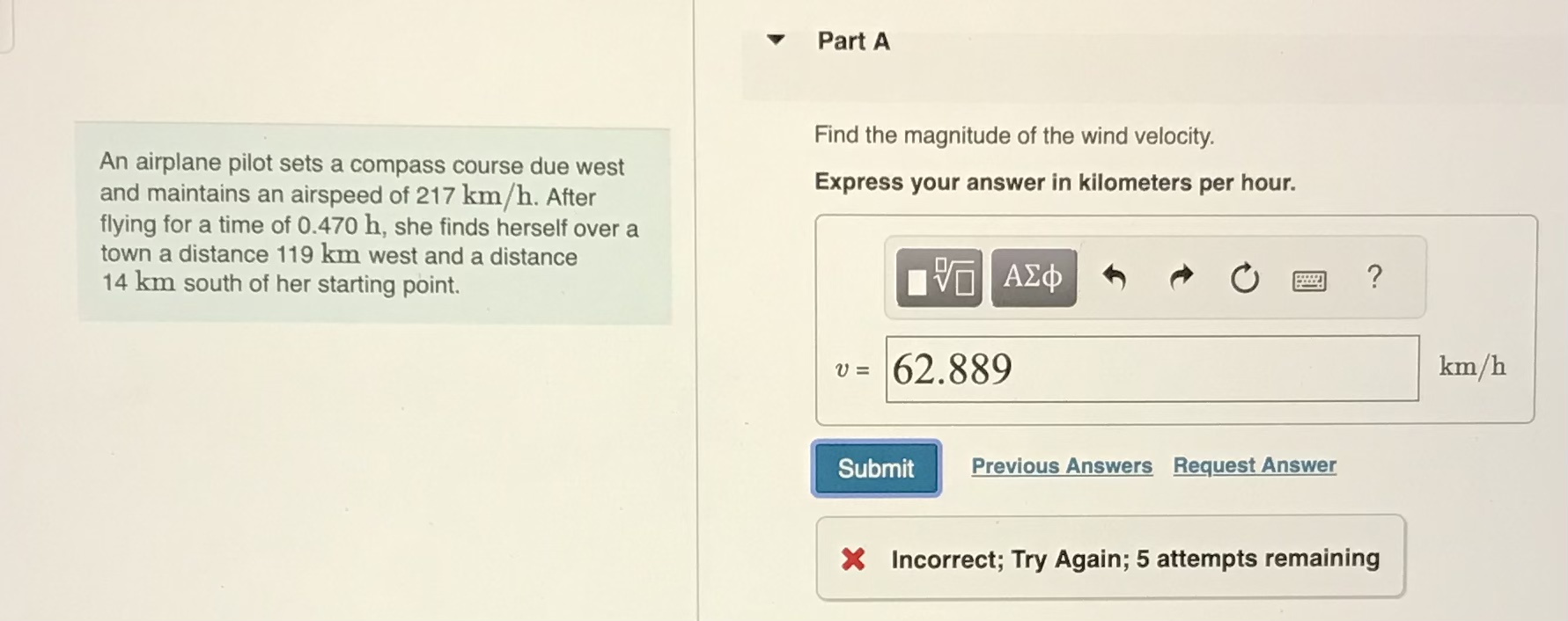 Solved An airplane pilot sets a compass course due west and | Chegg.com