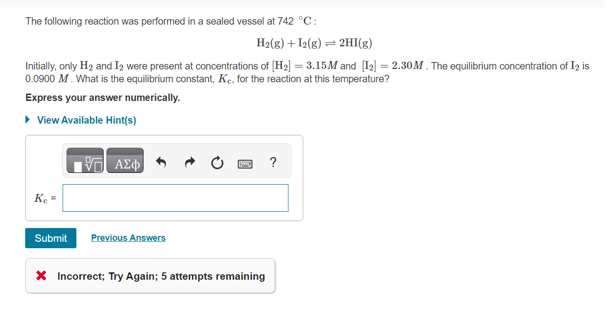 Solved The following reaction was performed in a sealed | Chegg.com